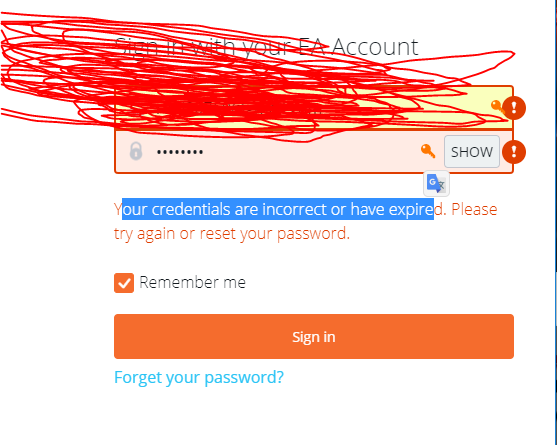 Your credentials are incorrect or have expired. Please try again or ...